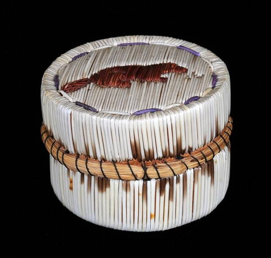Birch Bark And Quill Work Lidded Basket With Beaver Mot
