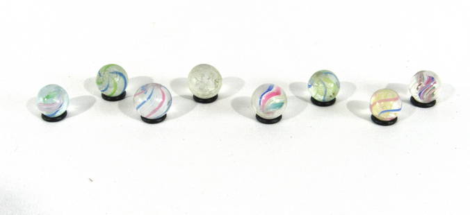 8 Antique German Handmade Pee Wee Swirl & Mica Marbles