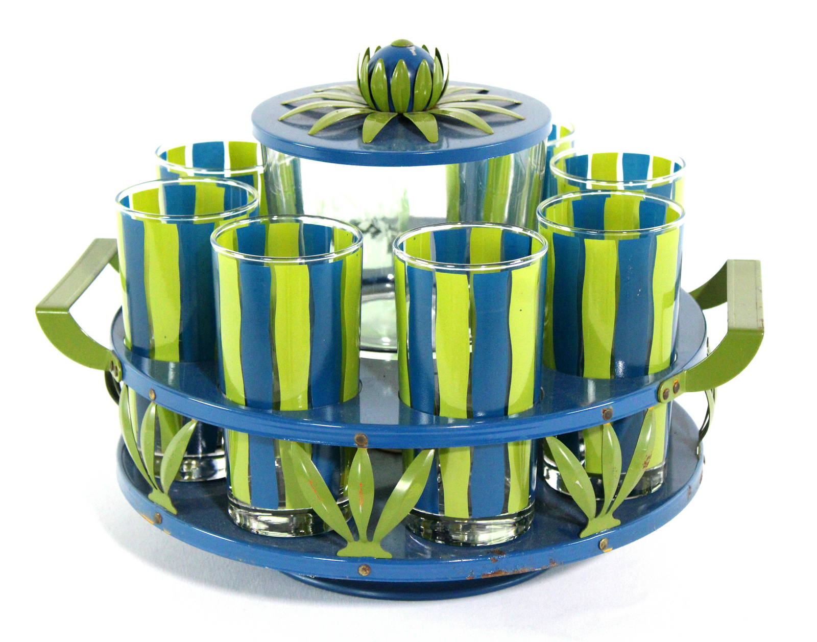 Mid Century Lazy Susan Glassware With Ice Bucket Auction