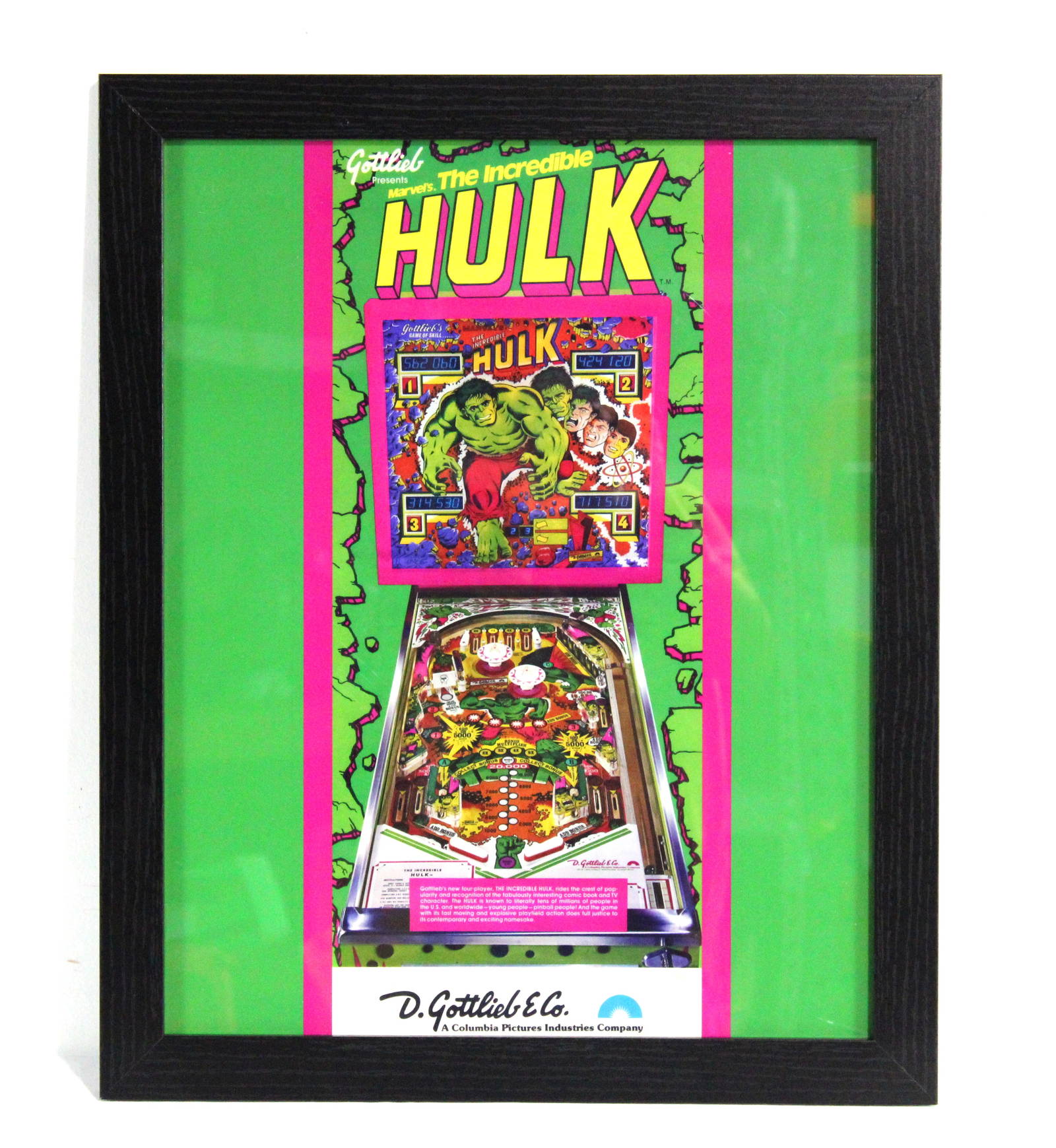 Gottlieb The Incredible Hulk Pinball Art, Framed Auction