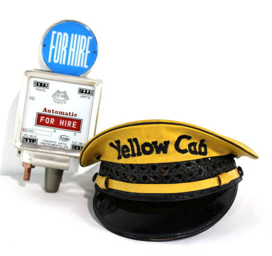 Vintage Cab Meter And Yellow Cab Taxi Driver Hat
