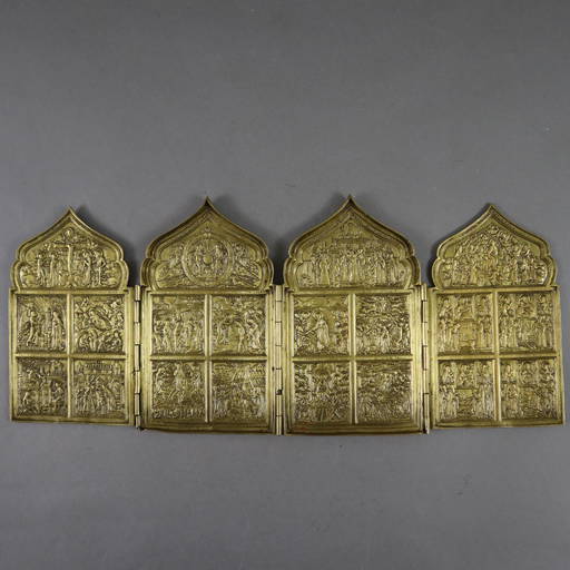 Festtags Reiseikone Russland, 19.jh. / Um 1900, Tetraptychon, Gelbguss, 4 Flügelige Ikone,