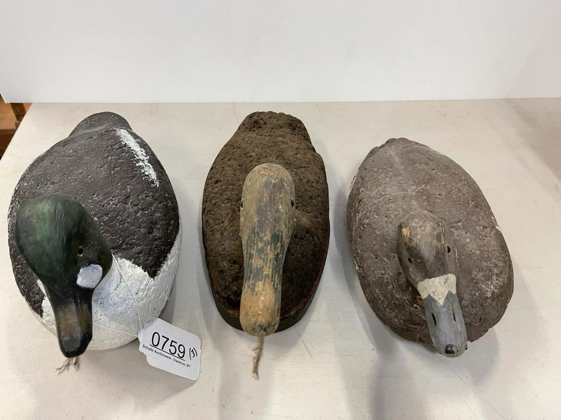3 Cork Decoys W/ Carved Wood Heads