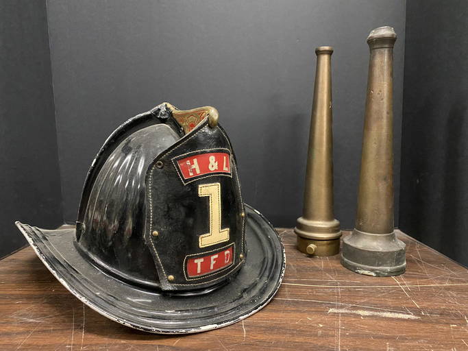 Metal Fire Helmet, 2 11" Brass Nozzles (#1555) on Nov 27, 2022 ...