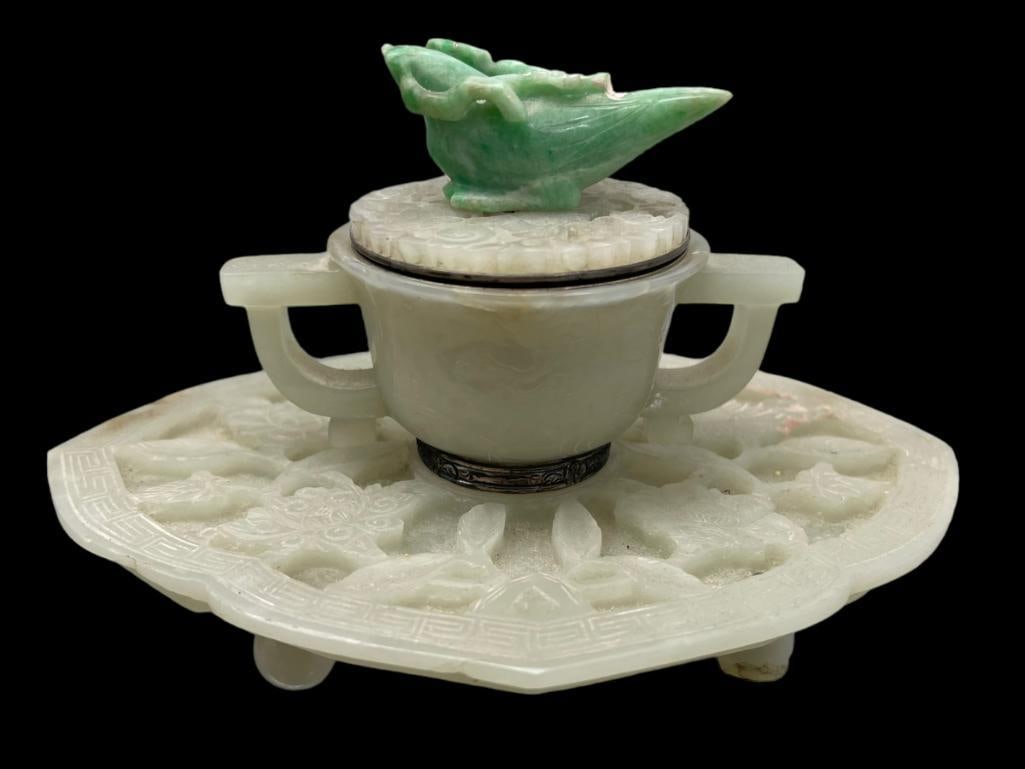 Chinese Carved "white Jade" Inkwell W/yamanaka Sterling Insert Auction