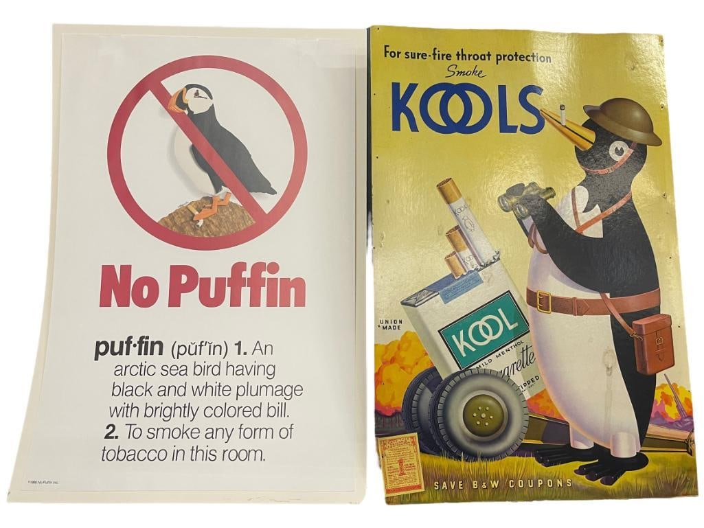 Kool Cigarette 1940's Advertising Sign And No Puffin Sign Auction