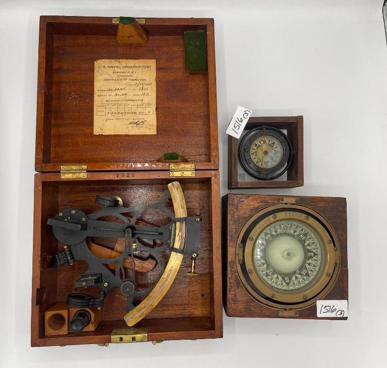 2- Ship Compasses-one Marked U.s. Navy And Sextant-unmarked Auction
