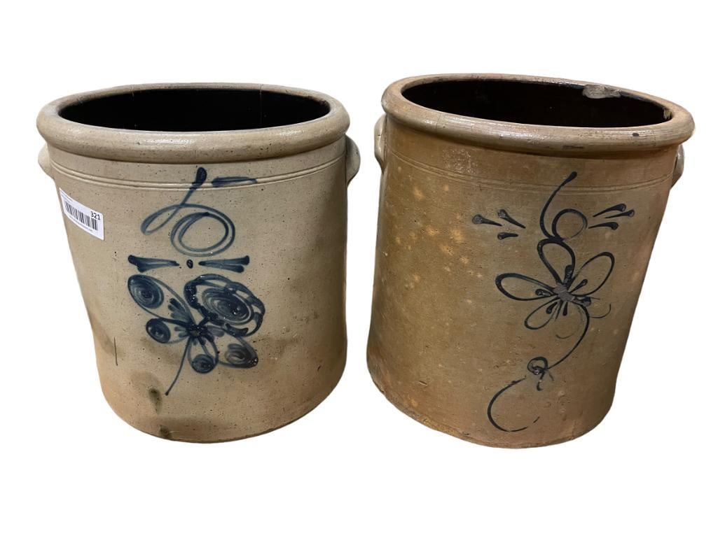2 Stoneware Crocks With Blue Flower Designs Auction