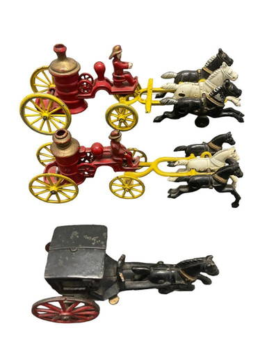 Cast Iron Horse Drawn Fire Engines And Wagon