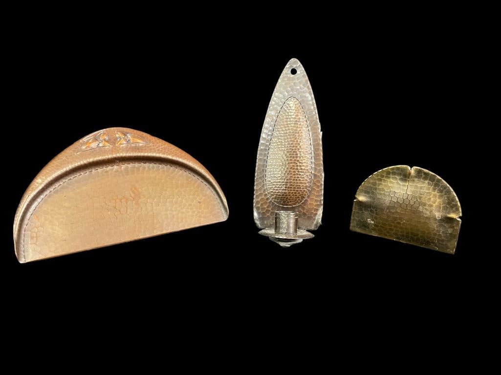 3 Pieces Roycroft Hammered Copper, Candle Sconce, Crumb Tray And ...