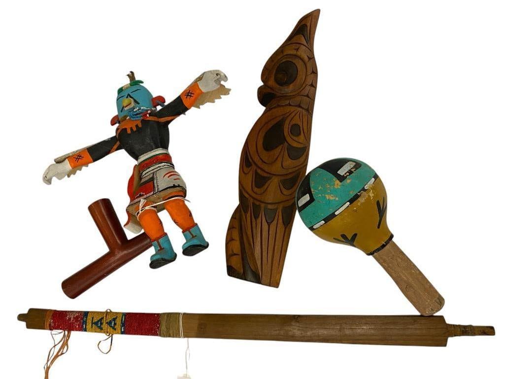Apache Signed Carved Figure, Rattle, Pipe Etc. Auction