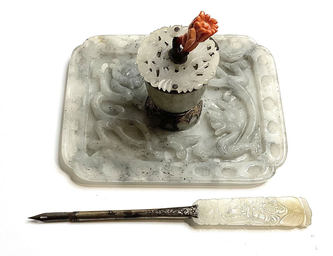 Edward Farmer New York Jade Inkwell Tray And Pen