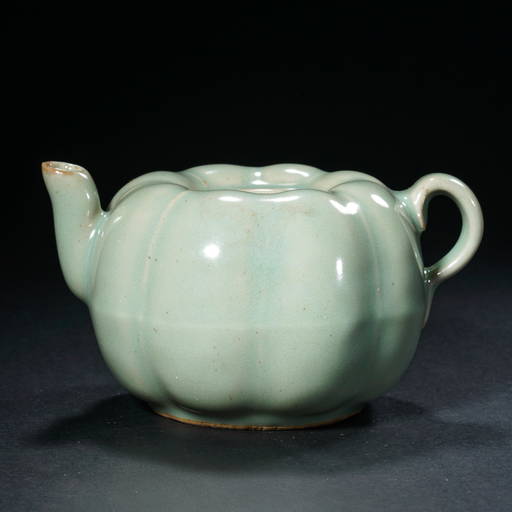 Before Ming Dynasty Longquan Ware Green Glaze Melon Edge Handle Pot