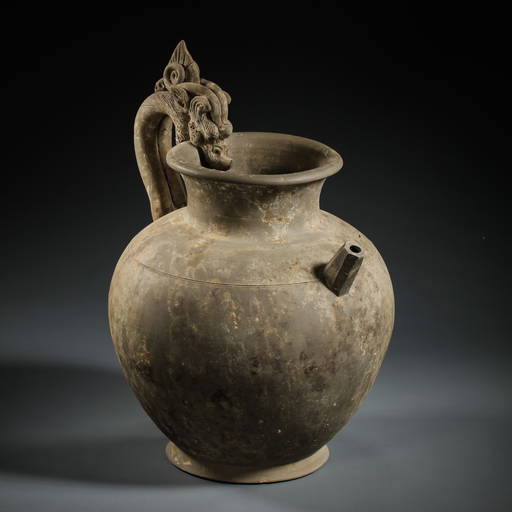 Chinese Han Dynasty Black Pottery Dragon Handled Flask