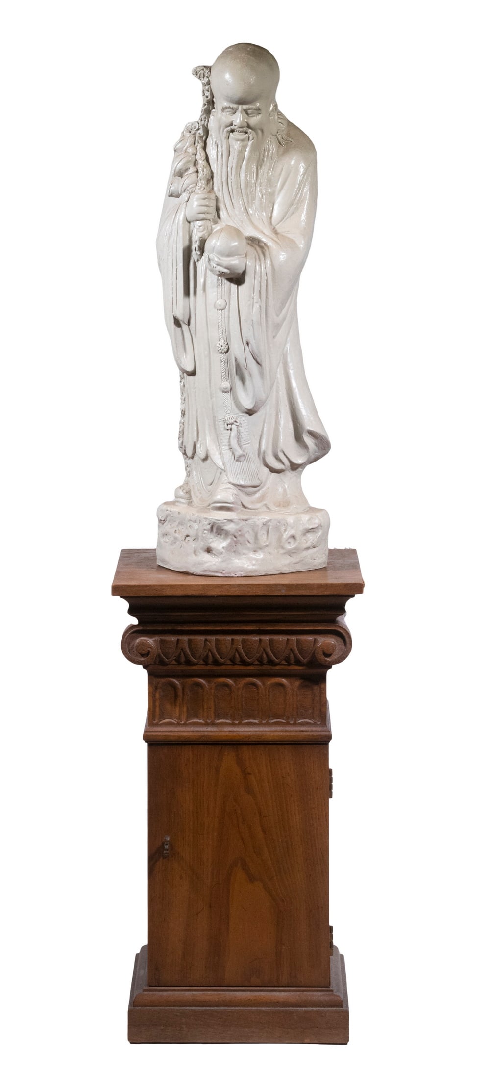 Chinese Plaster Immortal On Walnut Floor Pedestal Auction