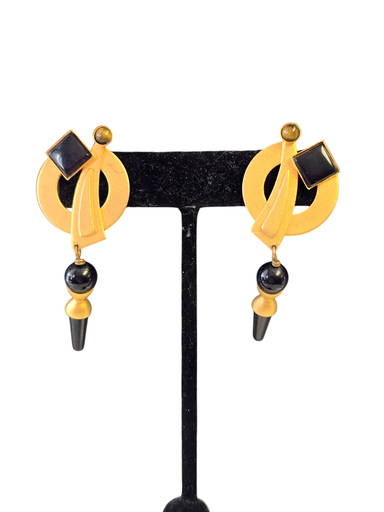 Vintage Gale Rothstein Abstract Matte Gold & Onyx Pierced Earrings