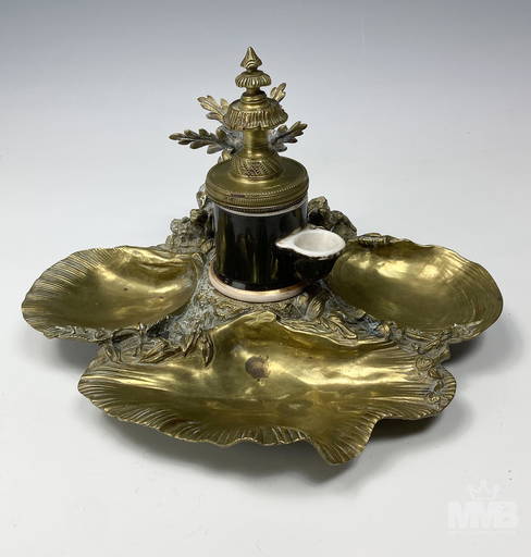 Antique Cast Bronze 3 Sea Shell Form Desk Inkwell
