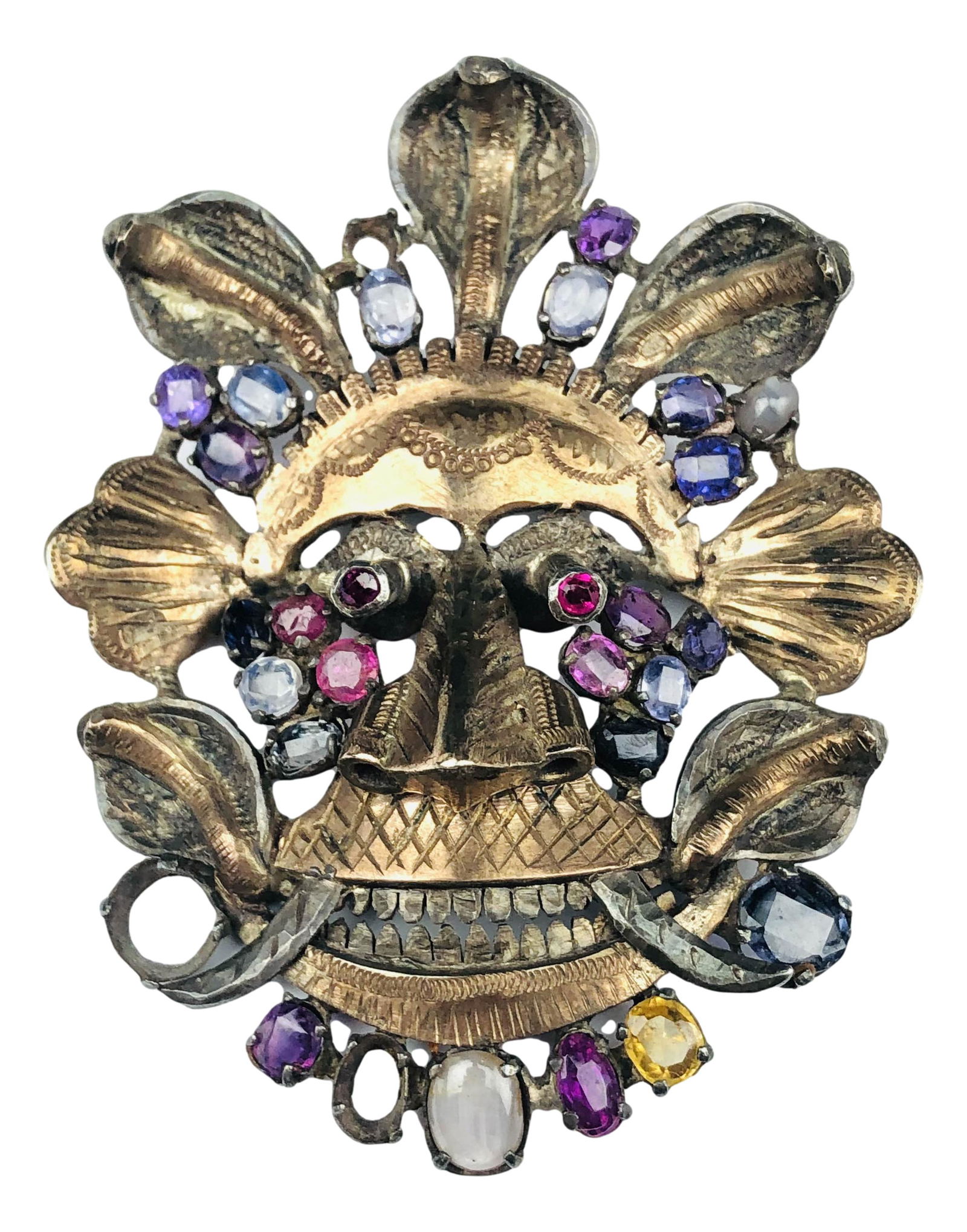 Sterling Silver Demon Mask Face Bejeweled Brooch