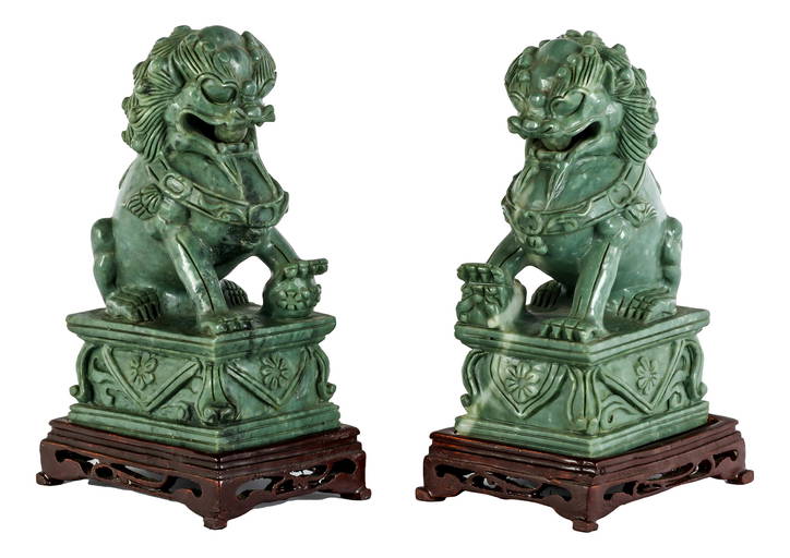 Chinese Export Pair Of Carved Green Jade Foo Dogs