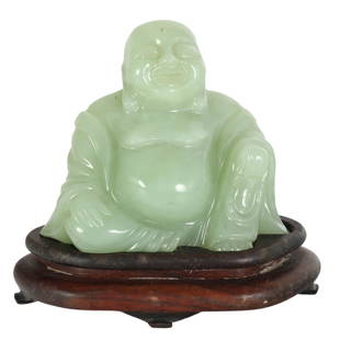 Carved Jade Happy Jolly Buddha Figurine W/ Stand