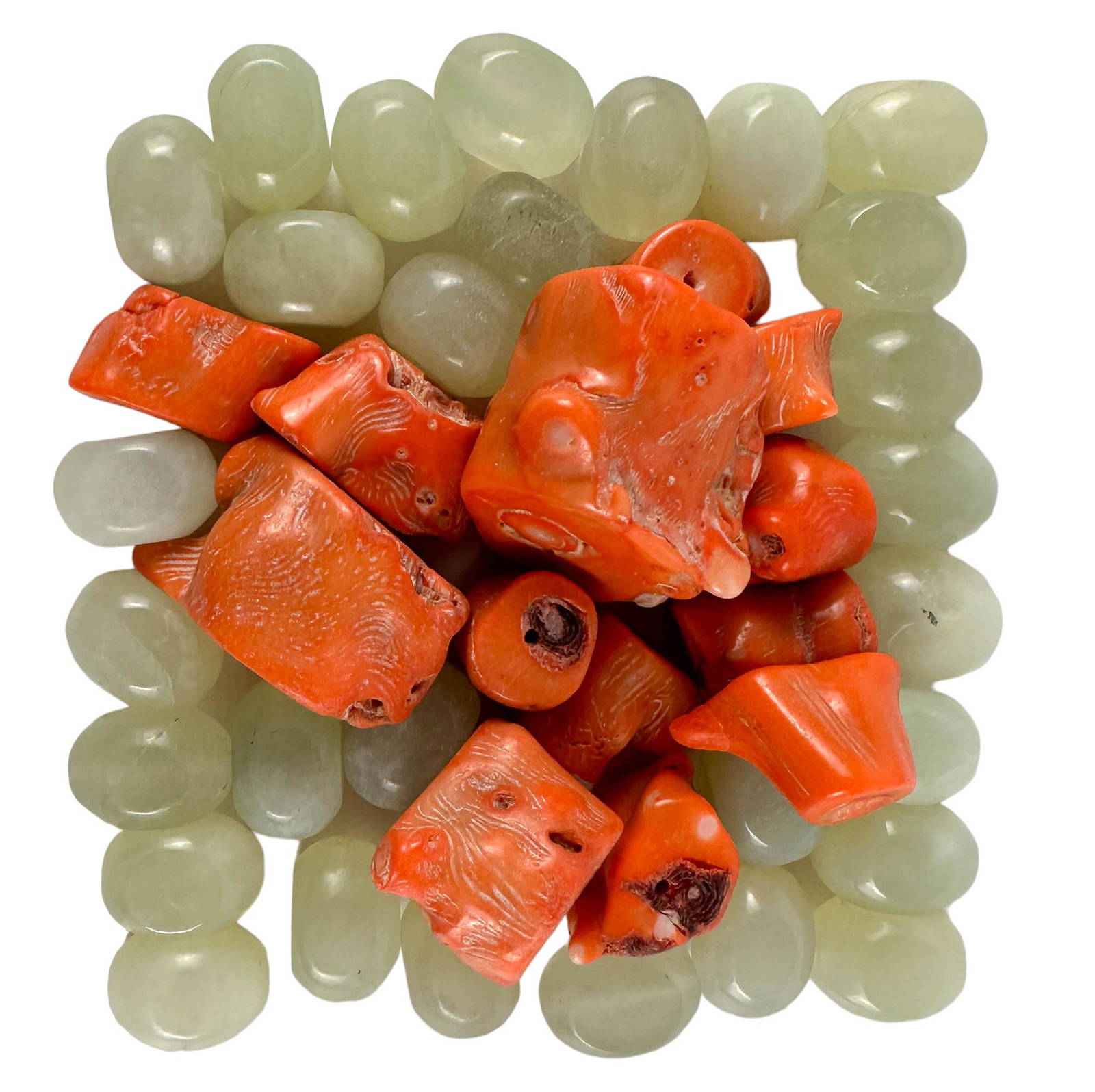 Salmon Red Branch Coral Green Jade Loose Bead Lot Auction