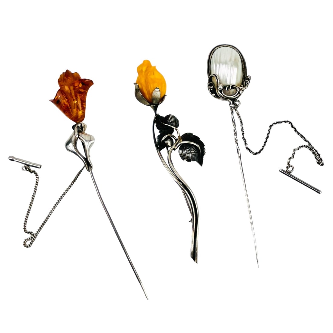 Sterling Silver 925 Amber Mother Pearl Hat Pin Lot Auction