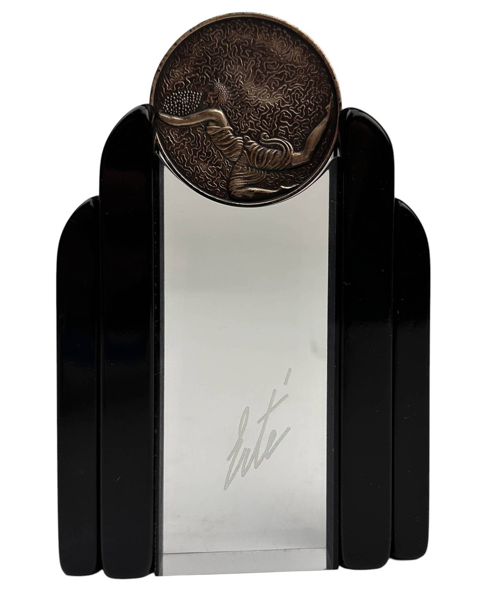 Erte Art Deco Fine Silver Medallion W Lucite Stand Auction