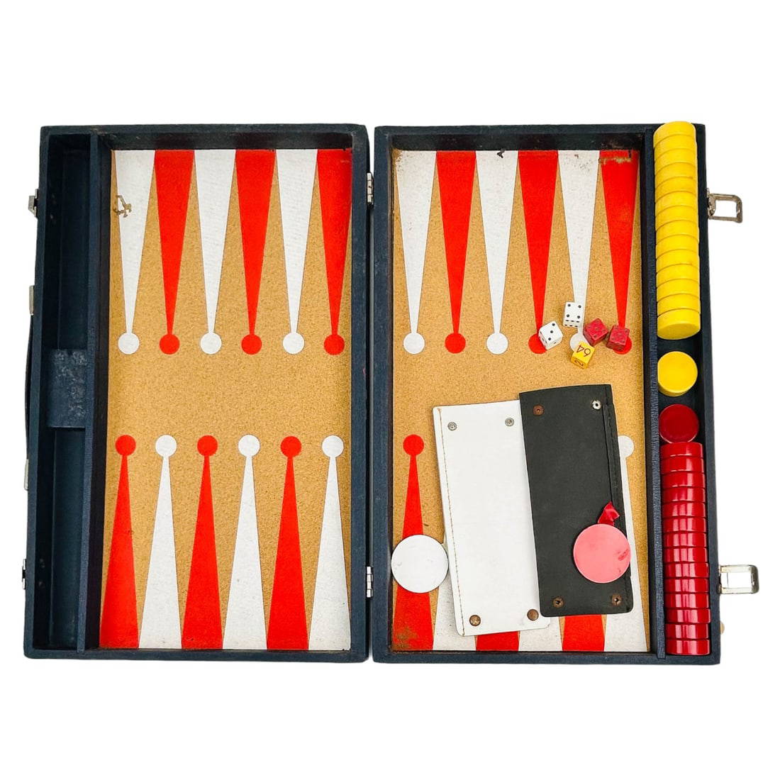 Backgammon Game Set Red Yellow Bakelite Chips Dice Auction