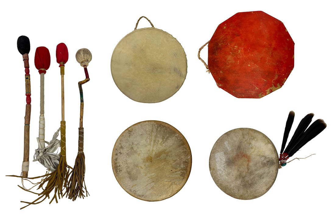 Native American Indian Drum Shield Mallet 4pc Lot Auction