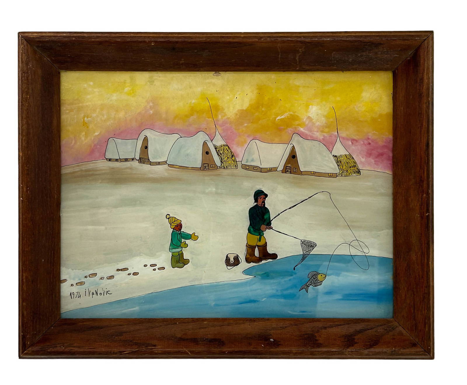 Eskimo Folk Art Reverse Painting On Glass Signed Auction