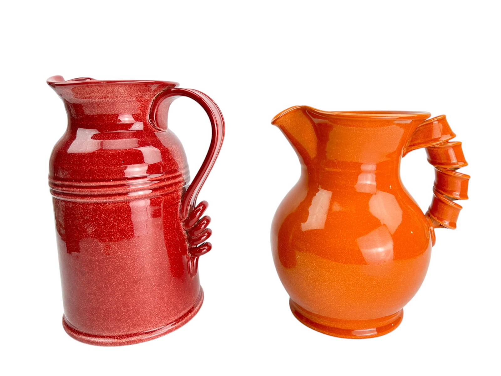 Horchow Plum Red & Orange Ceramic Pitcher Jugs 2pc Auction