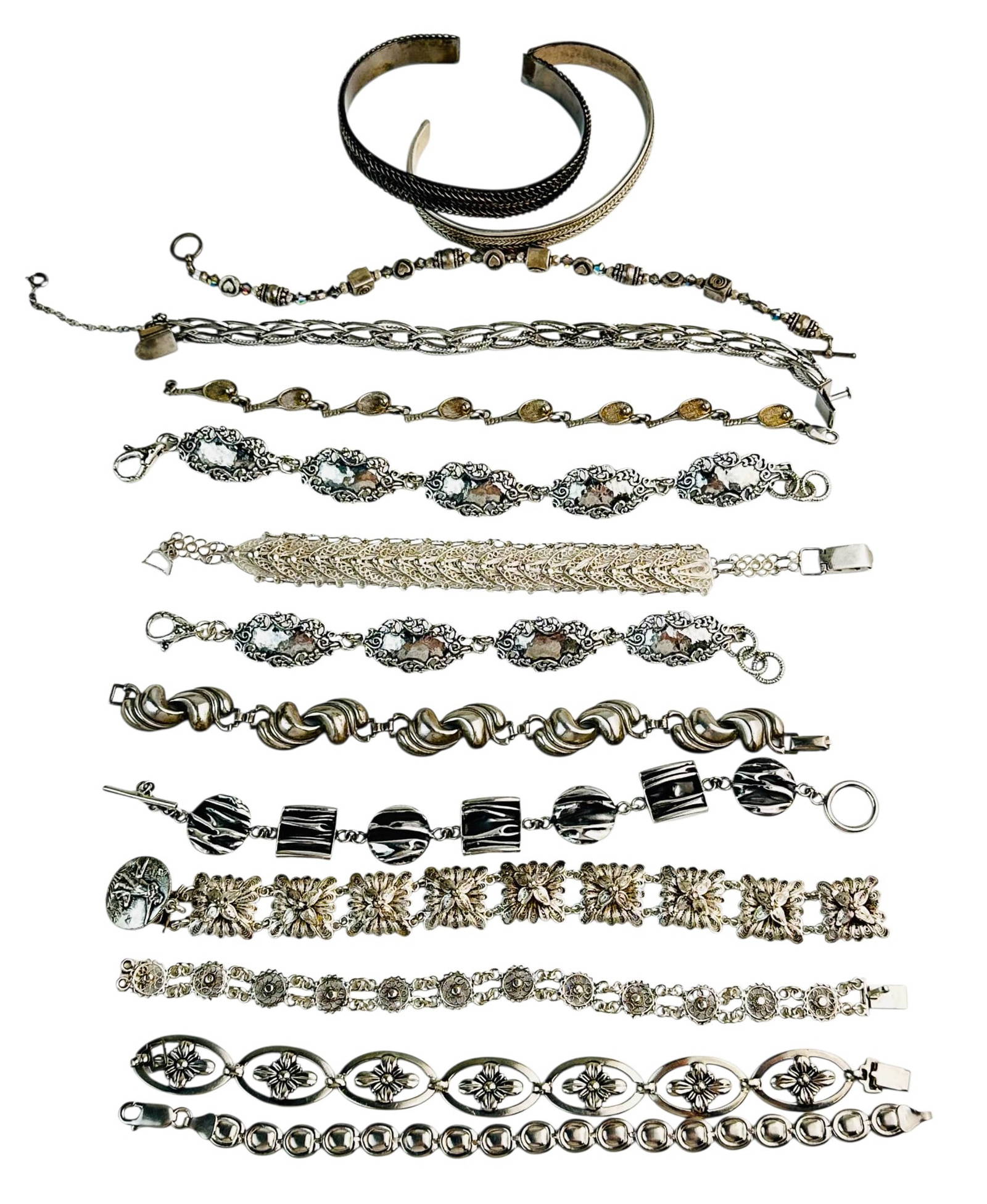 Sterling Silver 925 Bracelet & Cuff Bangle 14p Lot Auction