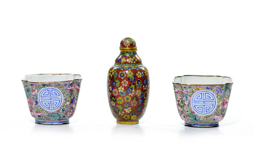 Group Of Chinese Enamel Cups And Snuff Bottle