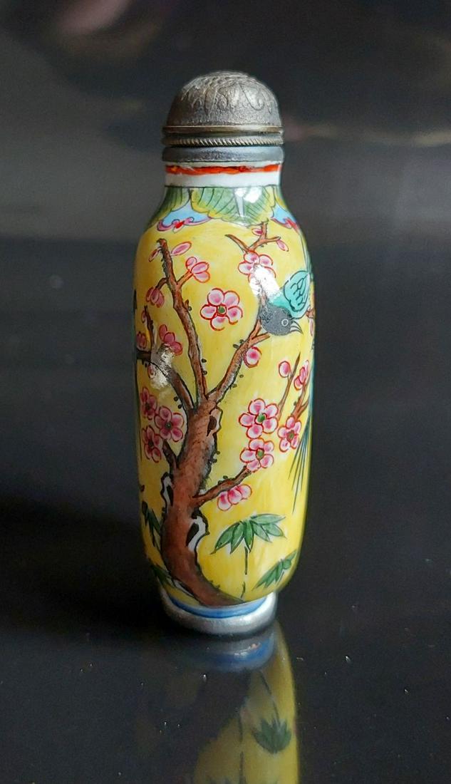 Chinese Antique Brass Enamel Snuff Bottle Hand Painted Birds And Flowers Qian Long Mark Auction