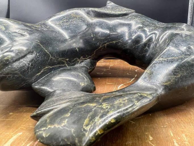 Large Alaskan Jade Carved Inuit Signed Whale Sculpture
