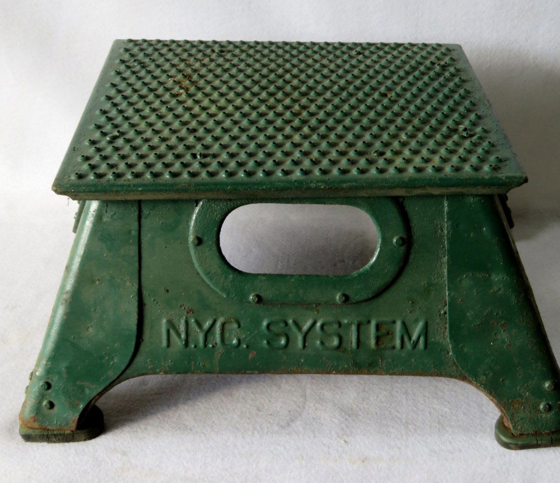 NYC Systems conductor's steel step stool in old green
