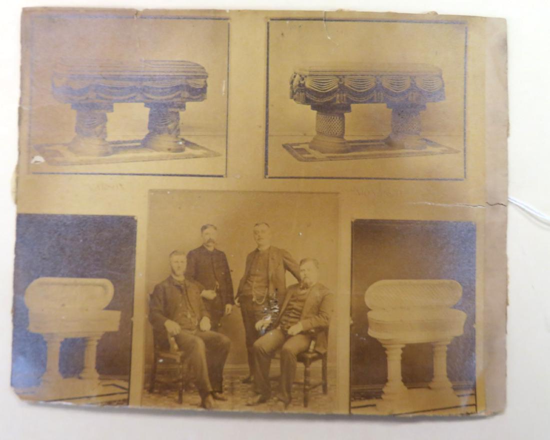A funerary advertising photo card showing 4 coffins