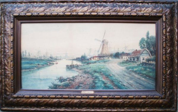 Watercolor Dutch Street Scene On River With Wind