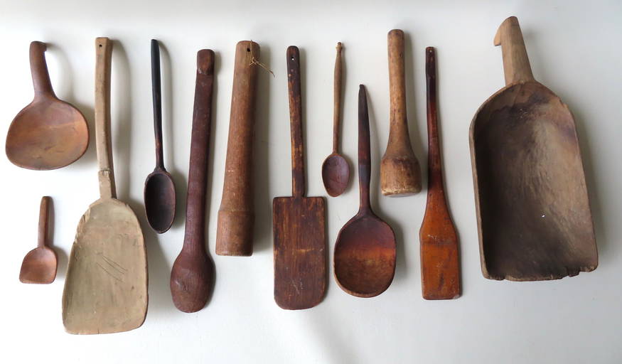 A Grouping Of 12 Wooden Kitchen Implements.