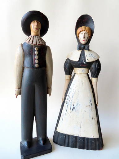 Pair Of Folk Art Hand Carved Figures Of A Quaker Man