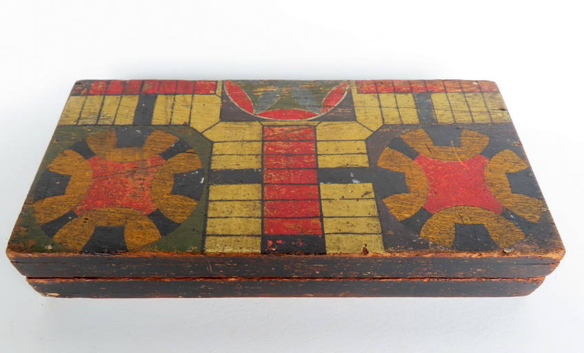 A folding Parcheesi game board/box in original polychrome paint, 19th ...