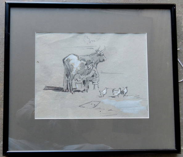 A good graphite/gouache sketch of man milking cow near feeding chickens ...