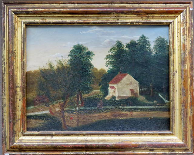 A primitive O/C landscape with cottage surrounded by white picket fence ...