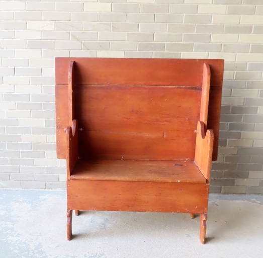 A primitive pine hutch table with lift top seat and 1/2 moon cutouts on ...