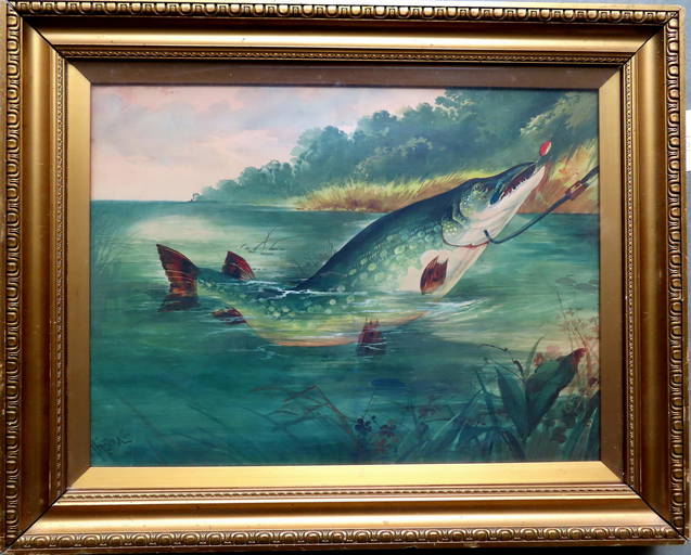 W/c Depicting A Hooked Pike Leaping From Water, Signed Thomas, Circa ...