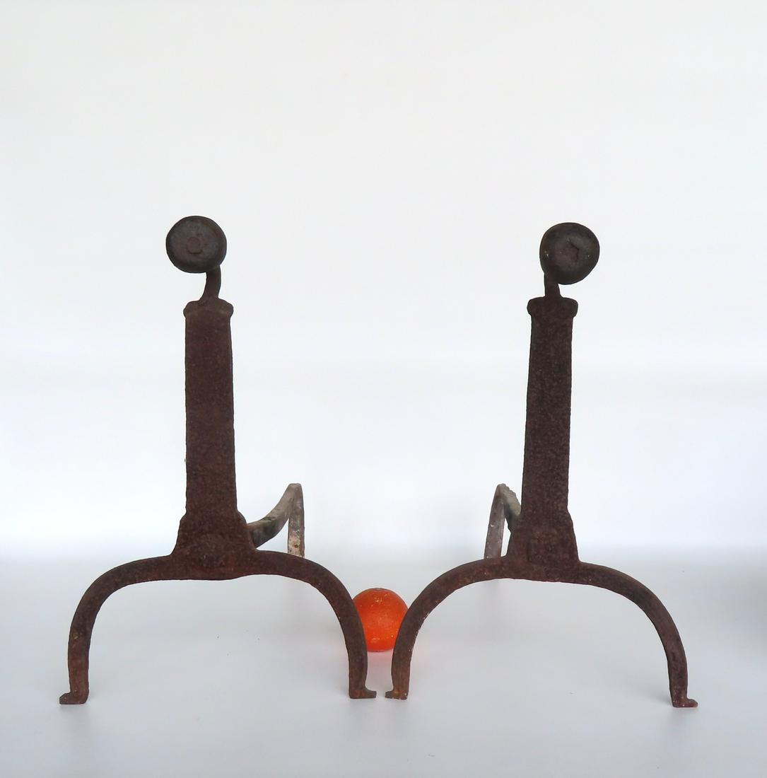 A Pair Of Early Hand Forged Iron Goose Neck Andirons With Ball Finials ...