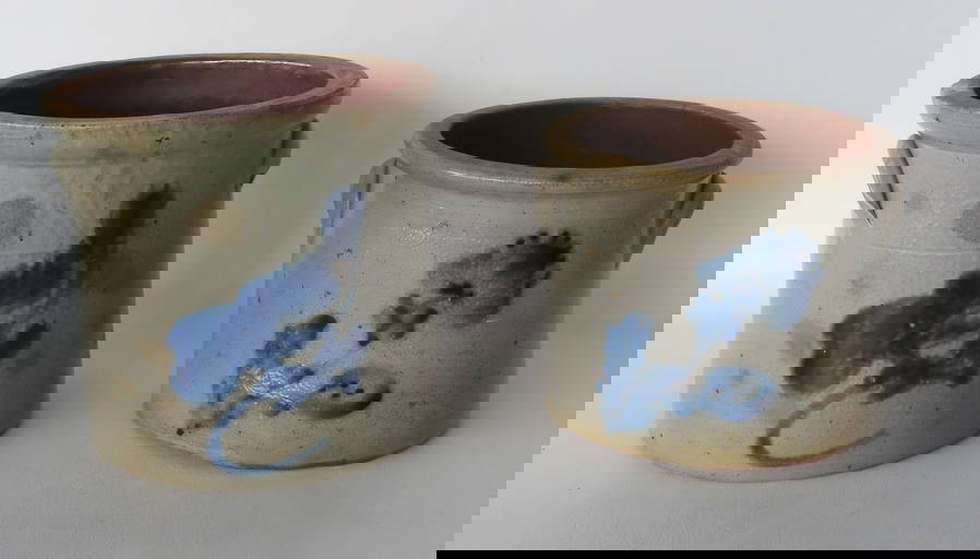 Two Stoneware Crocks. The First Decorated With A Blue Bird On Branch ...