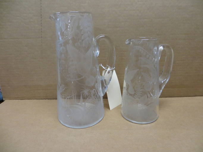 Pair Of Glass Pitchers Heavily Etched With Birds,
