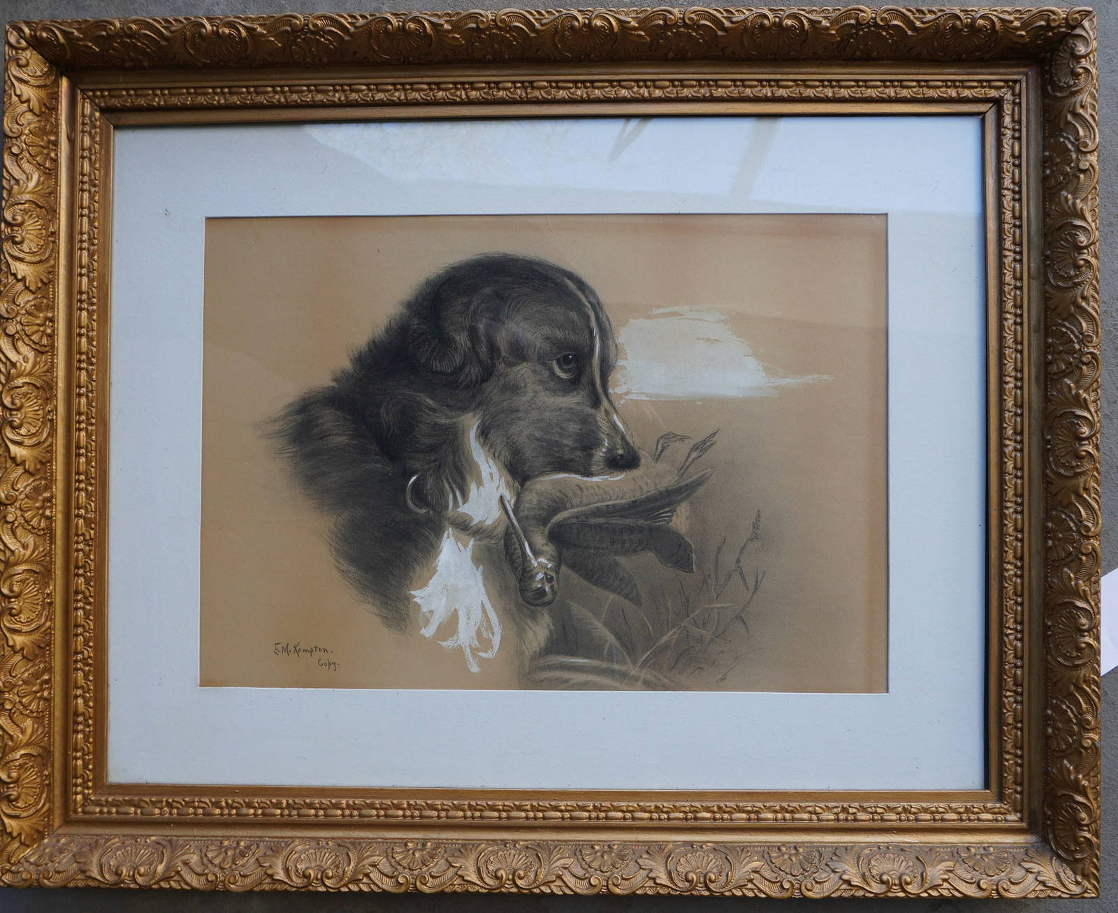 Pastel Portrait Of Sporting Dog With Shorebird In Mouth, Signed "e.m ...