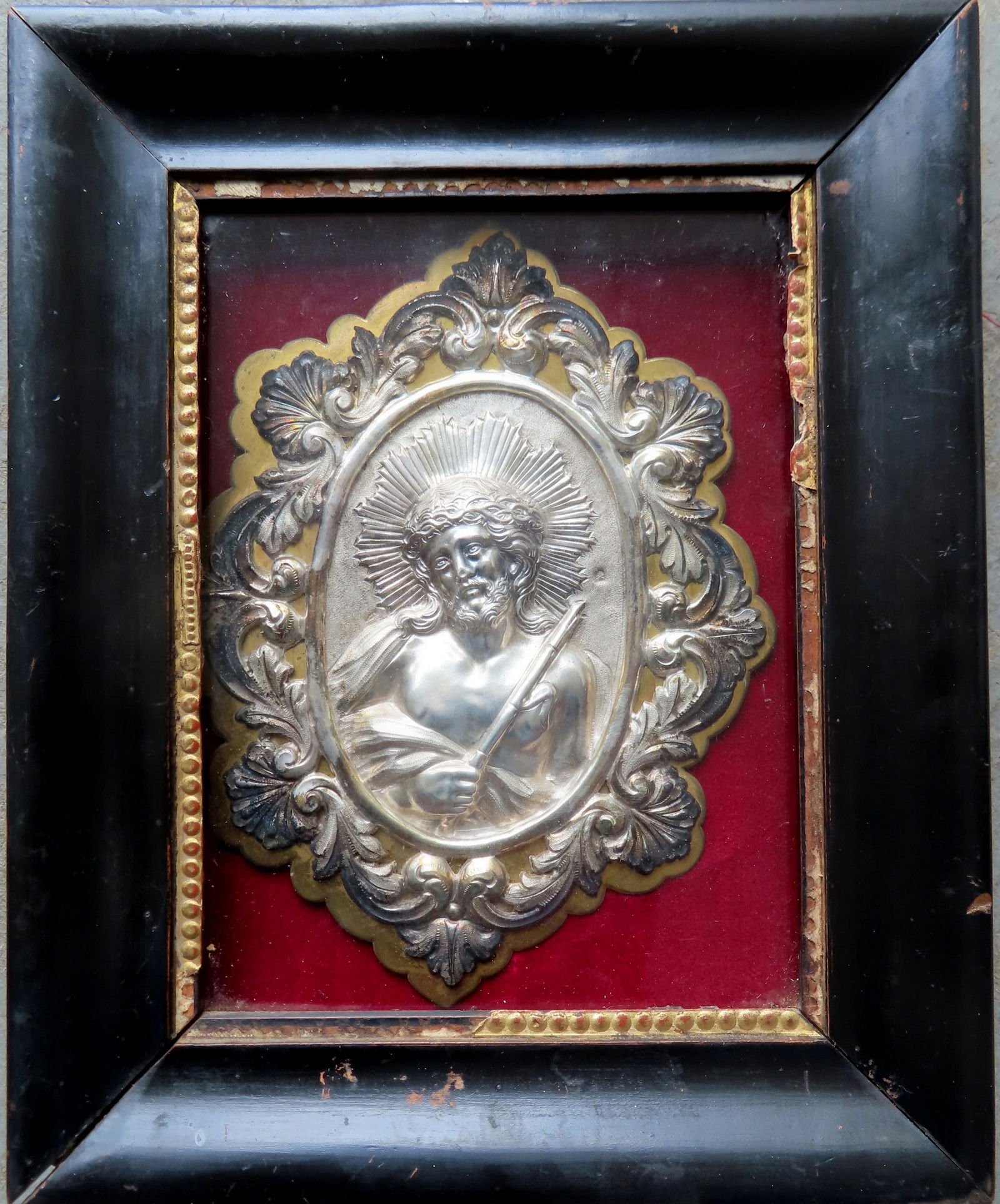 An Oval Silver Relief Image Of Jesus (or Saint) With An Ornate Scrolled ...